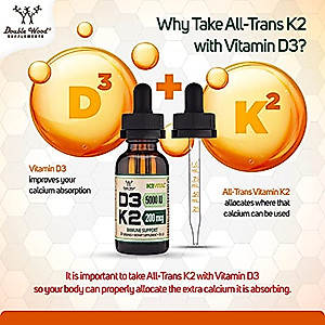Vitamin D3 K2 5,000 IU Liquid Drops (5,000 IU of D3 and 200mcg of 99.9% All-Trans Patented K2 MK-7 (K2Vital)) Max Absorption Liquid Vitamin D Drops (30 Servings) by Double Wood
