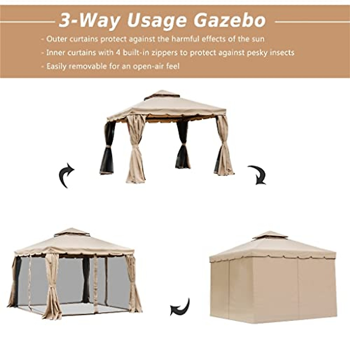 ADUH 10' X 10' Two-Tier Outdoor Event Canopy Sunshade Gazebo Tent with Mesh Sidewalls