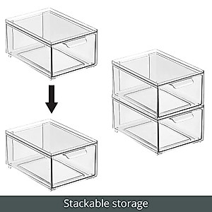 mDesign Plastic Stackable Bathroom Storage with Pull Out Bin Organizer Drawer for Cabinet, Vanity, Shelf, Cupboard, Cabinet, or Closet Organization - Lumiere Collection - 2 Pack - Clear
