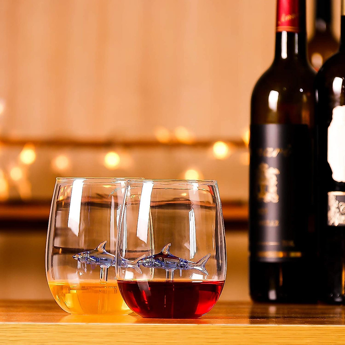 Shark Wine Glass, Personalized Stemless Crystal Shark Wine Glasses with Shark Inside (Set of 2), Fancy Cool Red Wine Cups, Unique Shark Lover Gifts for Women Party Birthday Wedding (Blue)