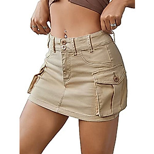 MakeMeChic Women's Y2K Skirt Low Rise Flap Pocket Mini Bodycon Denim Jean Skirt Khaki M