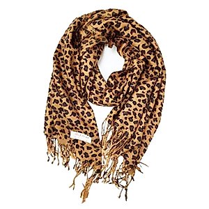 Cirrus Animal Print Fringed Shoulder Pashmina Feel Wrap Scarf - Leopard Patterns