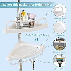 DAKEPOLE Rustproof Tension Shower Caddy, Stainless Steel Corner Stand Storage Organizer with Tension Pole for Bathroom Bathtub Shampoo Soap Plants, 4-Tier Adjustable Shelves,54 to 125 Inch