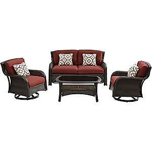 Hanover Strathmere Outdoor 4-Piece Conversation Set w/ Loveseat, 2 Swivel Chairs, Thick Red Cushions, 4 Accent Pillows and a Glass-Top Coffee Table, Patio Conversation Set for Backyard, Deck, Porch