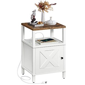 MAHANCRIS Farmhouse Nightstand with Charging Station, White Bedside Table with USB&Type-C Ports and Outlets, End Table with Storage, Night Stand for Bedroom, White and Rustic Brown ETRW96E01