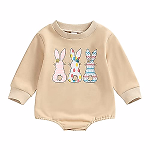 Infant Baby Girl Boy Easter Outfit Romper Sweatshirt Bunny Long Sleeve Bodysuit Pullover Tops Shirts Easter Clothes (Apricot, 12-18 Months)