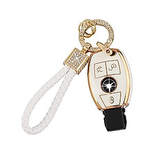 PIFOOG for Mercedes Key Fob Cover TPU Key Case Soft Car Keys Protector Fit Mercedes Benz AMG C E M S CLS CLA GLK GLA GLC GLE Smart Remote Key Keychain Girly Women White Gold