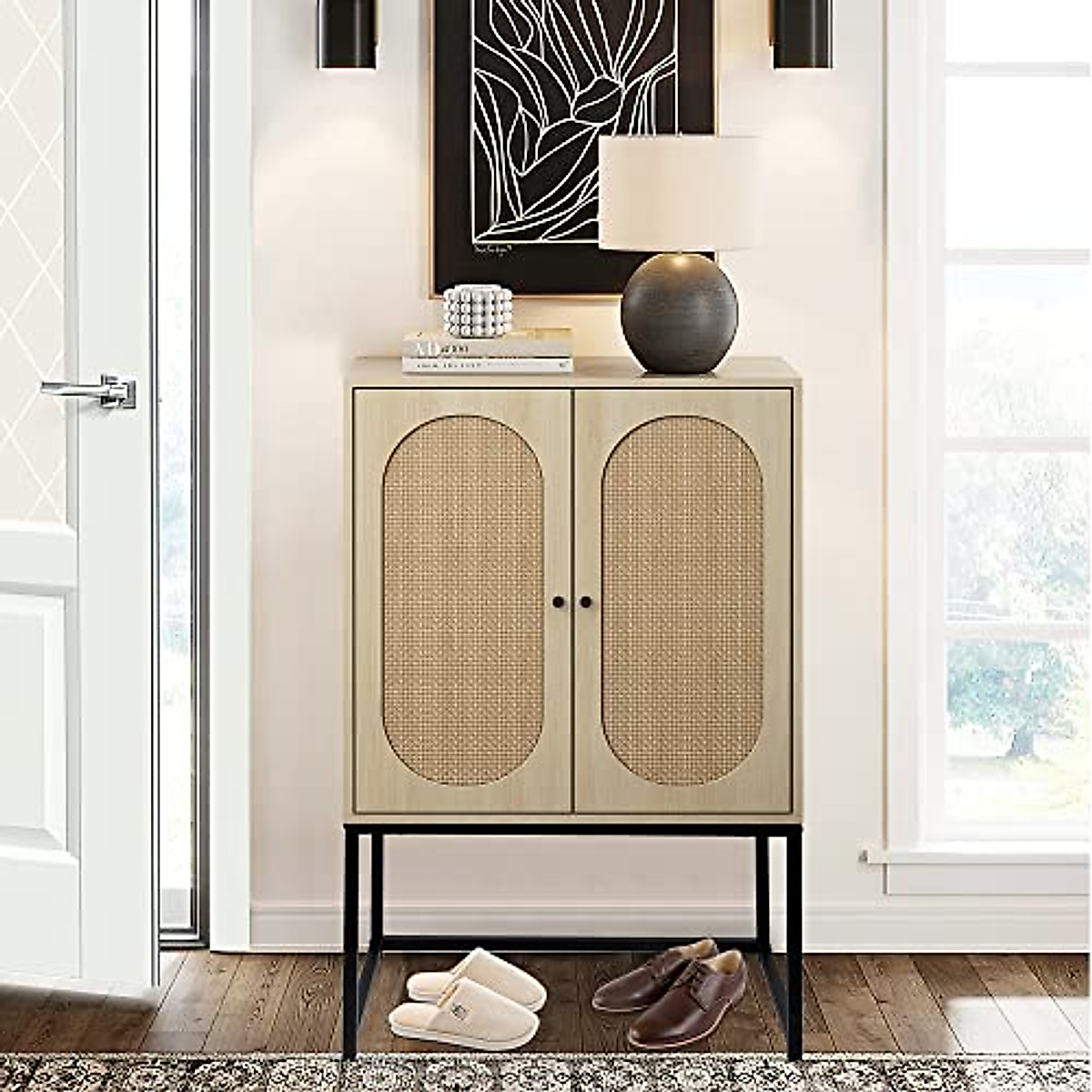 AWQM Natural Rattan 2 Door High Cabinet,Sideboard Buffet Cupboard Accent Cabinet,Adjustable Shelves,Free Standing Bookmatch,Easy Assembly26.77 L x 15.75" W x 41.34" H,Rustic Oak Beige