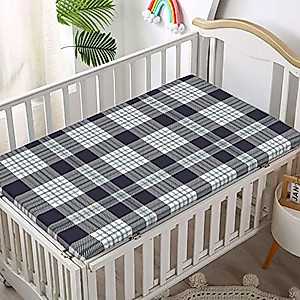 Plaid Themed Fitted Mini Crib Sheets,Portable Mini Crib Sheets Soft Toddler Mattress Sheet Fitted-Great for Boy or Girl Room or Nursery,24“ x38“,Indigo White and Pale Taupe