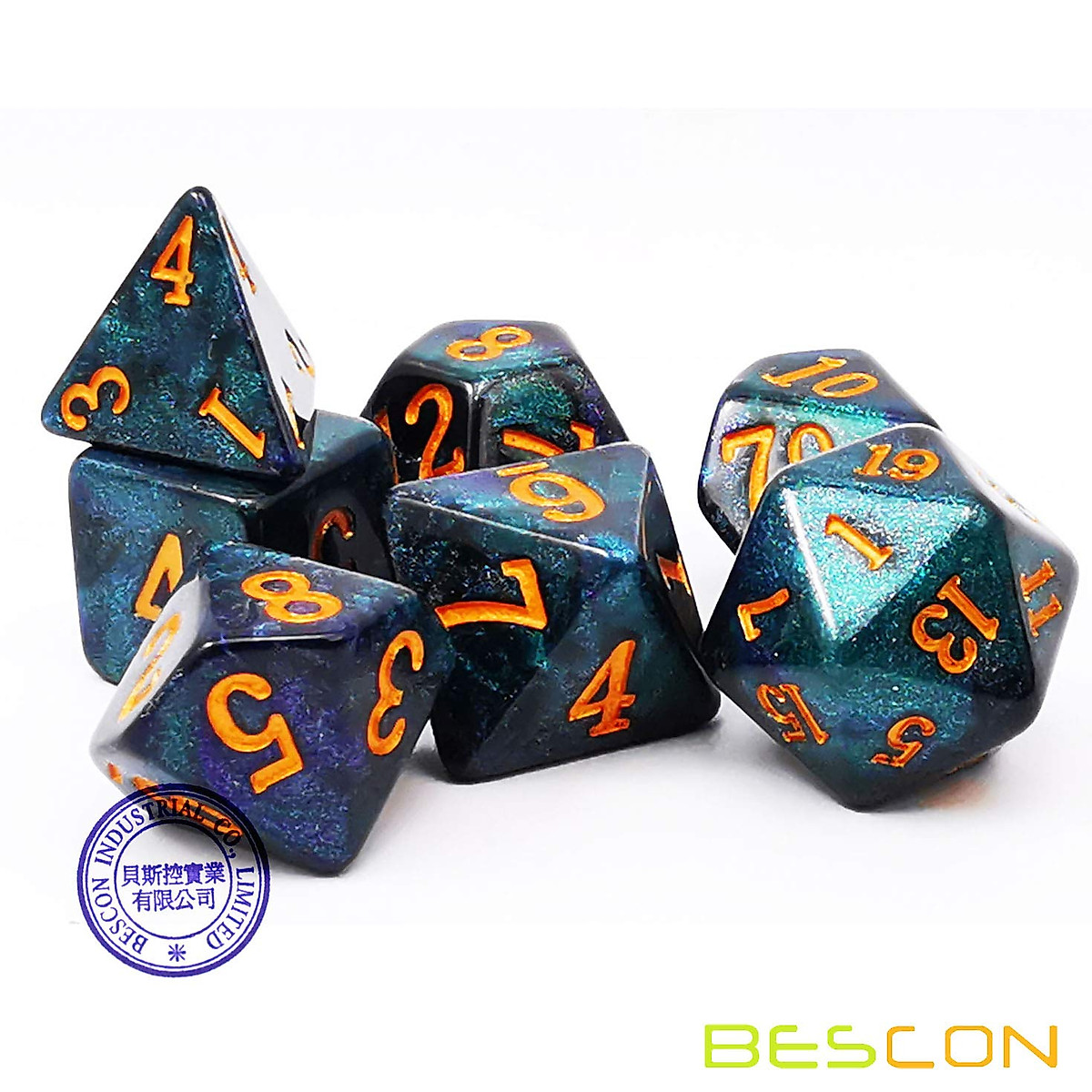 Bescon Starry Night Dice Set Series, 7pcs Polyhedral RPG Dice Set Midnight, Polybag Packing