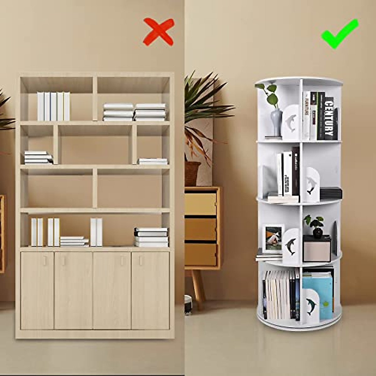 KMAXX Shoiberw Rotating Bookshelf，360 Display 4 Tier Floor Standing Bookcase Storage Rack, Wood Narrow Book Shelf Organizer for Bedroom, Living Room, White (1, Large)