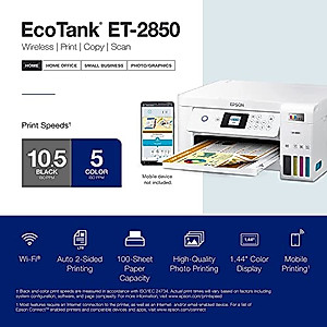 Epson EcoTank ET-2850 Wireless All-in-One Inkjet Color Printer, 4800x1200 dpi, Duplex Printing, Mobile Photo Printing, 1.44" Color LCD Display, Cartridge-Free, White, Bundle with Printer Cable