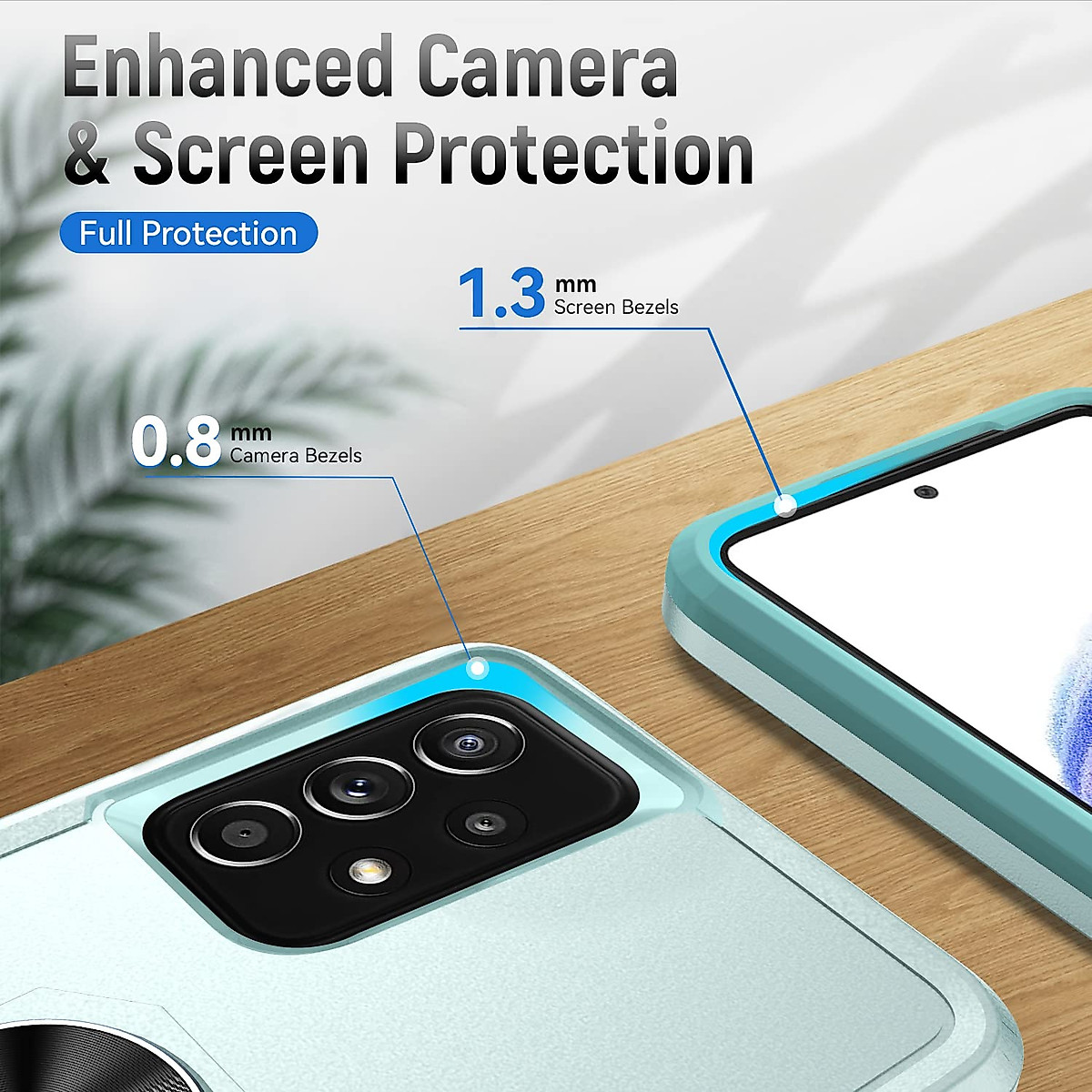 Janmitta Compatible with Samsung Galaxy A53 5G Case,with 1 Pack Screen Protector+1 Pack Camera Lens Protector,Shockproof Full Body Phone Cover,Built in Finger Ring Holder Kickstand,2022 Mint Green