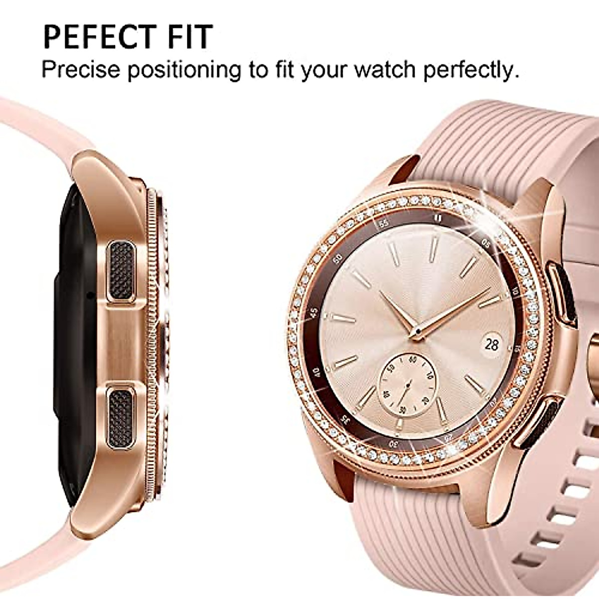 DEALELE Cases Compatible with Samsung Gear Sport/Galaxy Watch 42mm / Galaxy Watch 4 Classic 42mm, Bling Rhinestone Diamond Metal Steel Bezel Ring Cover Replacement for Women Men (Rose Gold)