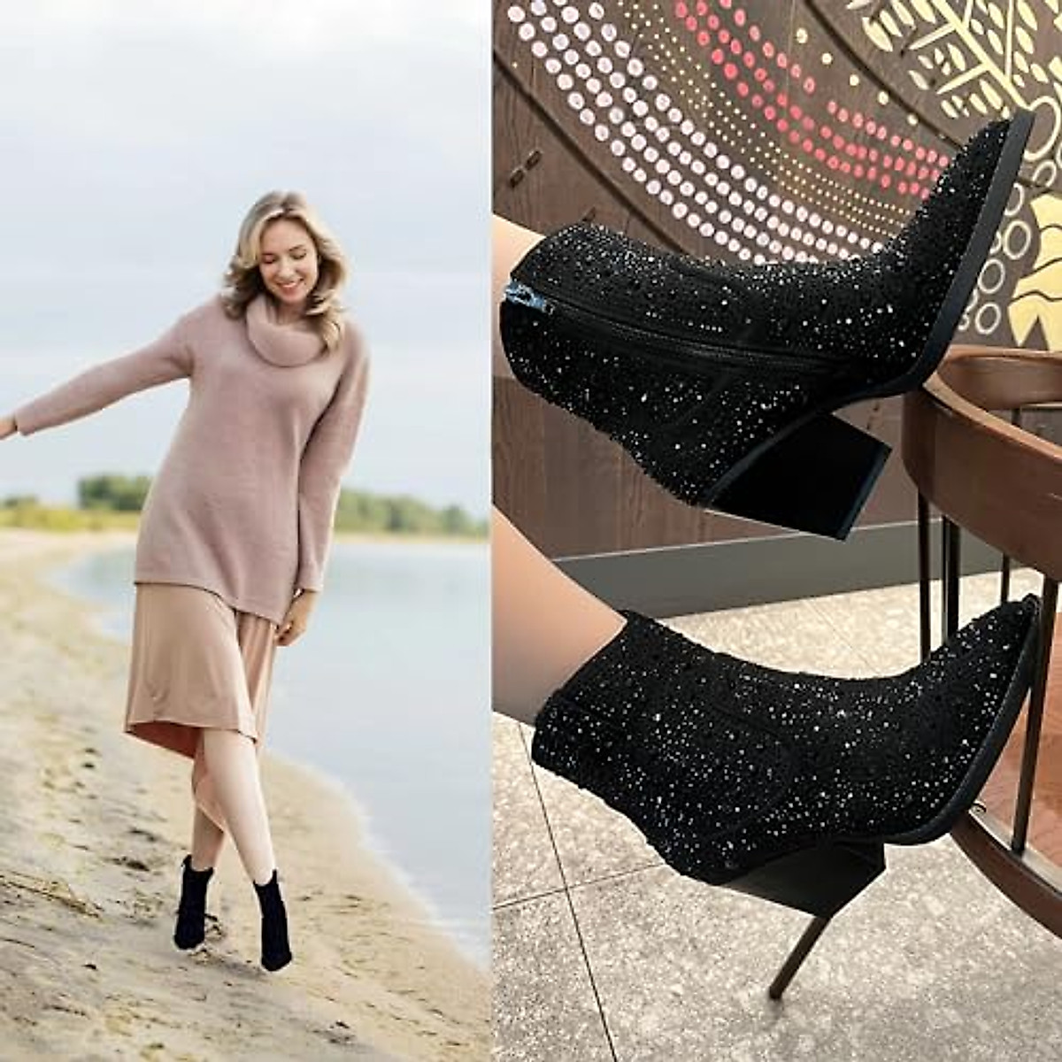 OOHRHN Women's Color Rhinestone Boots Glitter Sparkly Cowboy Booties Chunky Block Heel Pearl Detail Pointed Toe Bridal Wedding Western Ankle Boots Cowgirl Short Boots Black Stone PU Size US 8.5