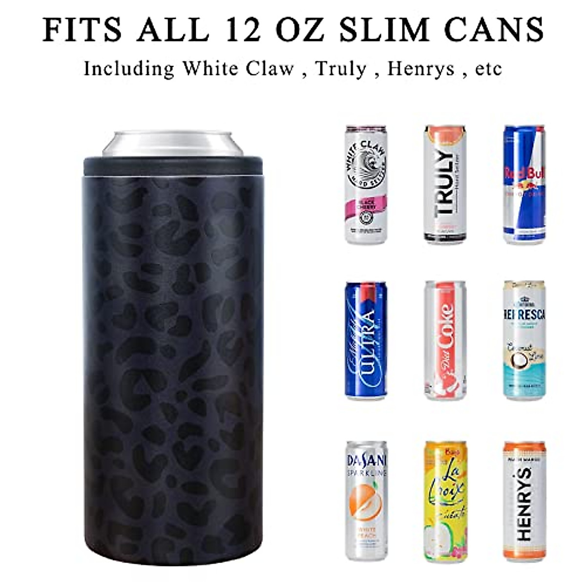 12 oz Slim Can Cooler Stainless Steel Skinny Can Cooler Insulated Beer Can Cooler for Hard Seltzers Unique Leopard Print Tumbler Gifts for Women and Men