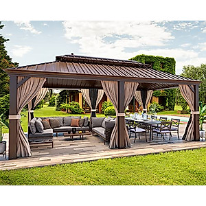 MELLCOM 12' x 20' Hardtop Gazebo,Galvanized Steel Metal Double Roof Gazebo with Curtain and Netting,Brown Permanent Pavilion Gazebo with Aluminum Frame for Patios,Gardens,Lawns