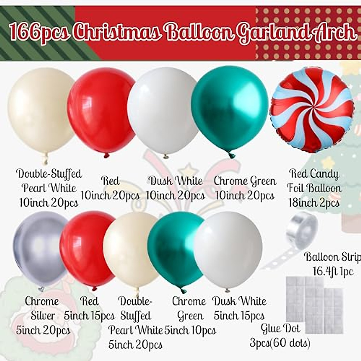 Enanal Christmas Balloon Garland Arch Kit, 166pcs Double-Stuffed Pearl White Dusk White Red Chrome Green Balloons with Candy Foil Balloon for Christmas Party Supplies Xmas Home Decoration (Red&White)