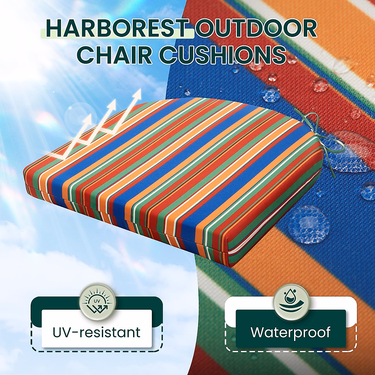 HARBOREST Outdoor Chair Cushions Set of 4 - Round Corner Water Resistant Outdoor Cushions for Patio Furniture - Patio Furniture Cushions with Ties, 17"x16"x2", Rainbow Stripes