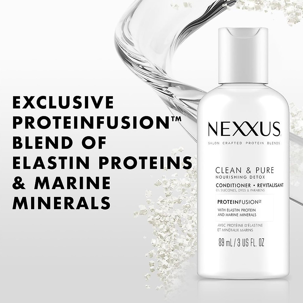 Nexxus Clean & Pure Conditioner, 2 Pack (6 fl Oz Total), 89 mL each, Protein Fusion with Elastin Protein and Matine Minerals, Revitalizing, Travel Size, Silicone-free, contains protein