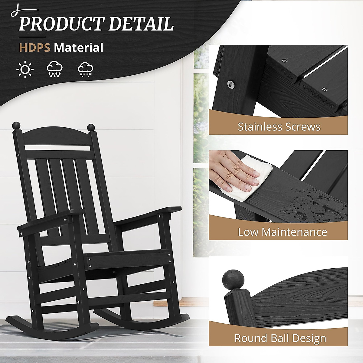 Cozyman Outdoor Rocking Chairs Set of 2, All Weather Resistant Porch Rocker Chairs with High Back, 350Lbs Support, HDPS Composite Rocking Chair for Backyard, Patio, Garden, Indoor, Black