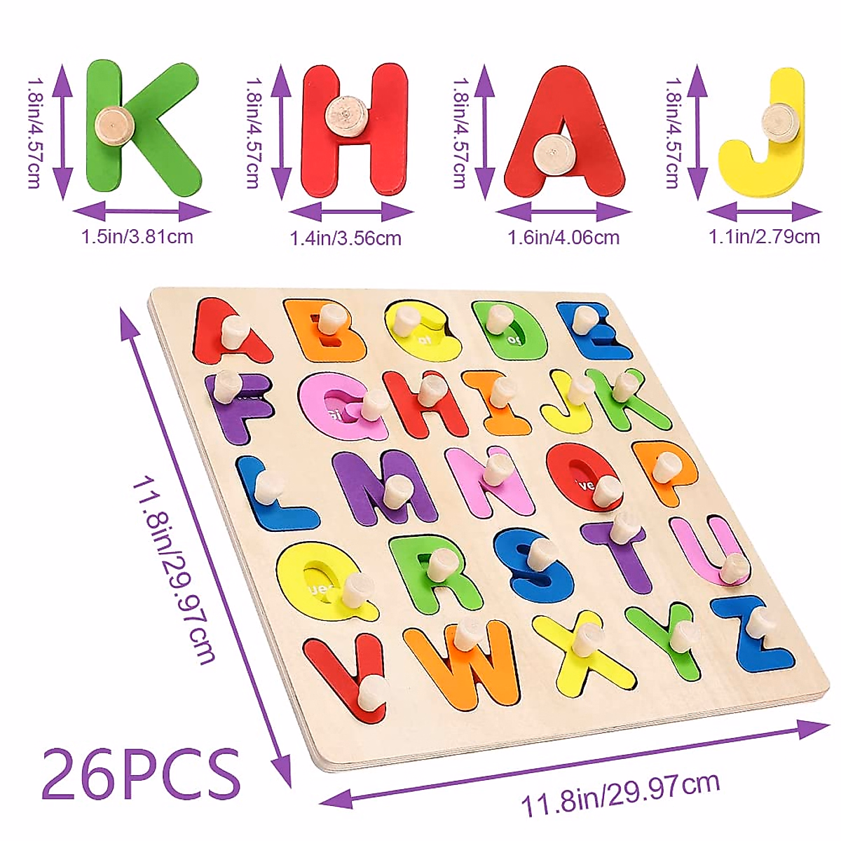Alphabet Wooden Peg Puzzles Educational Learning Jigsaws Puzzles with Board Knob ABC Letters Alphabet Toys for Toddlers 1 2 3 4 5,Great Preschool Gifts for Girls and Boys