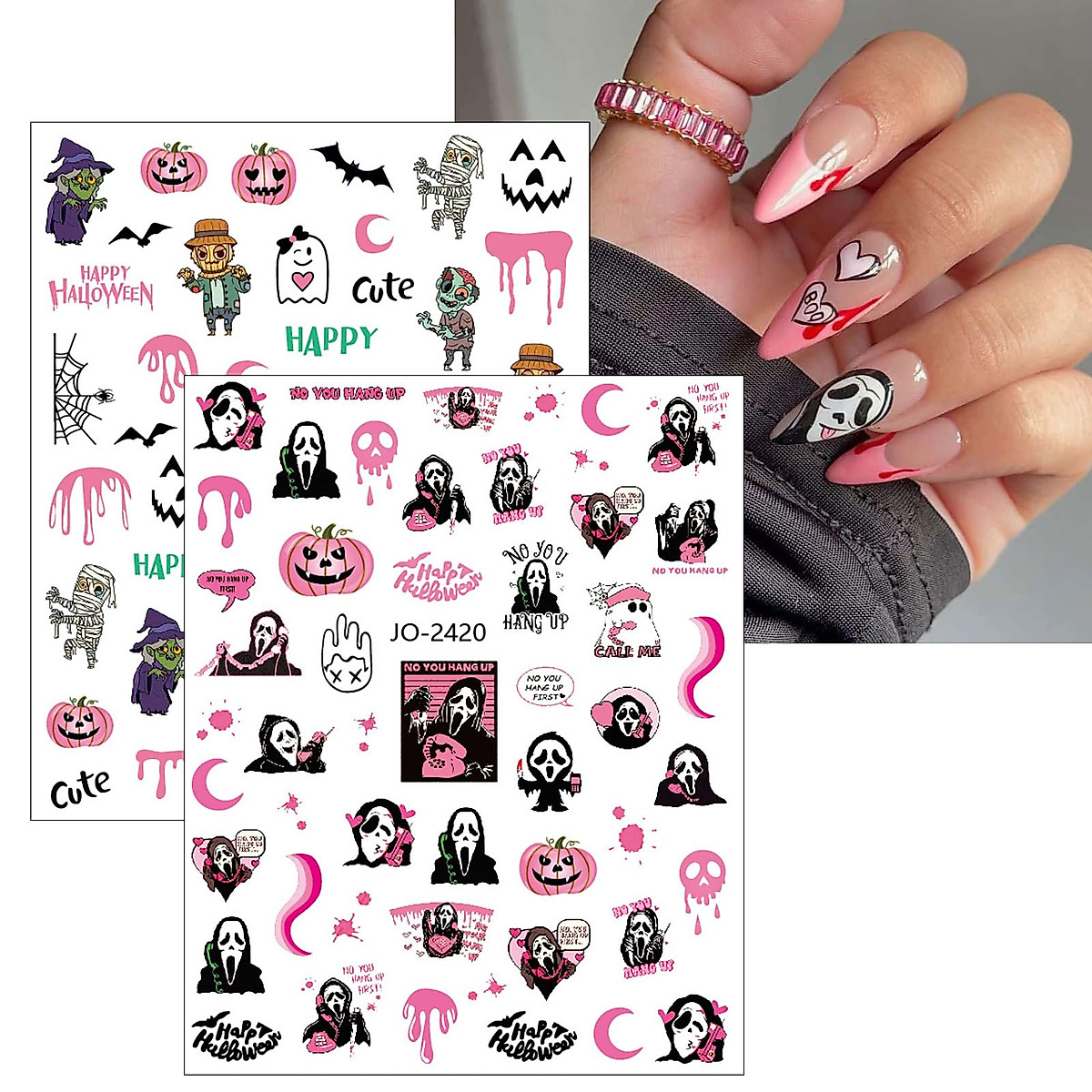 JMEOWIO 12 Sheets Halloween Nail Art Stickers Decals Self-Adhesive Pegatinas Uñas Cute Ghost Pumpkin Pink Nail Supplies Nail Art Design Decoration Accessories