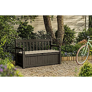 Keter Eden 70 Gallon Storage Bench Deck Box for Patio Furniture, Front Porch Decor and Outdoor Seating – Perfect to Store Garden Tools and Pool Toys,Brown / Brown