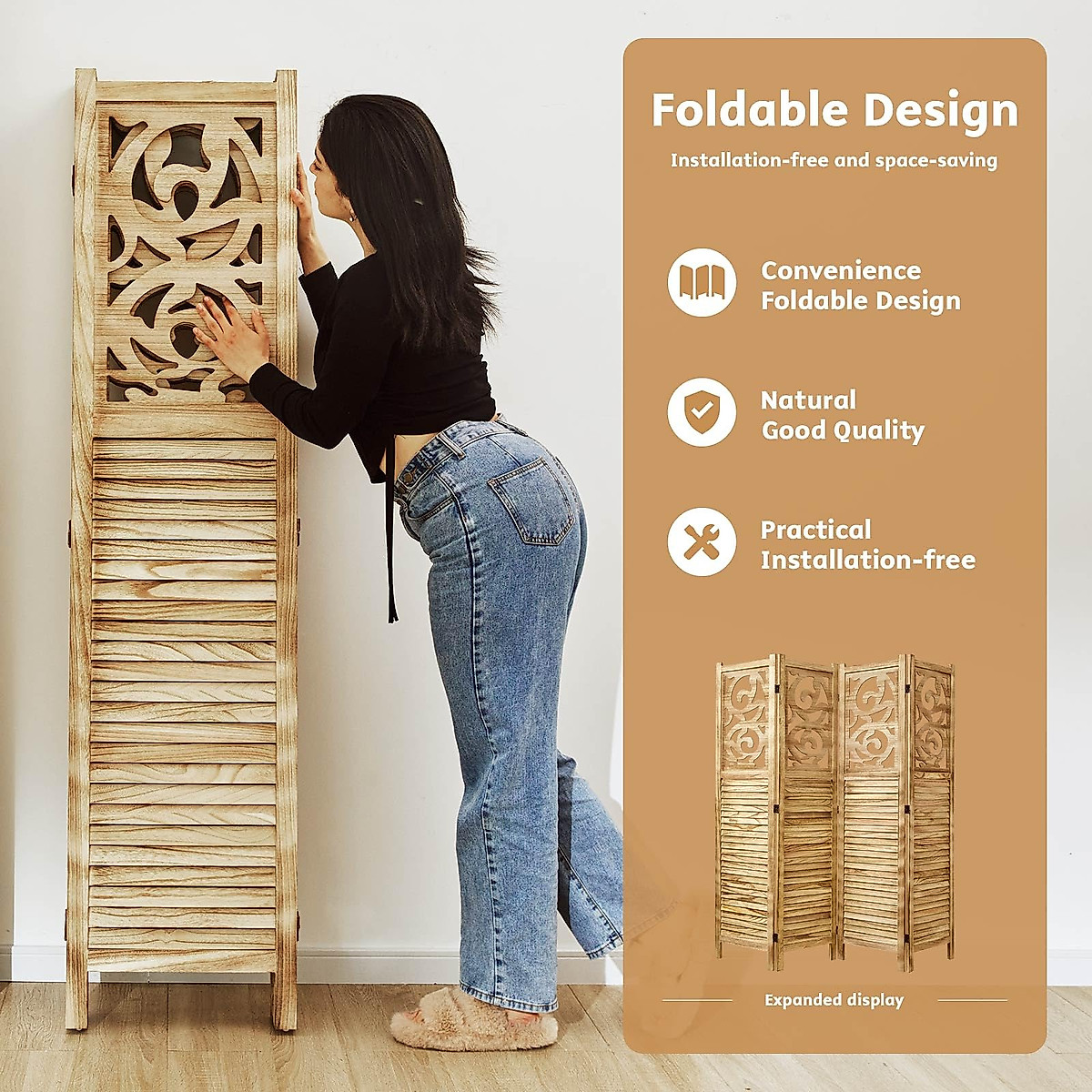 Svimi Folding Room Divider, 5.6Ft 4 Panels Wood Carved Privacy Screens, Free Assembled Freestanding Portable Reversible Functional Decorative Partition for Home Office Restaurant Bedroom (Wood)