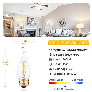 Antique Dimmable E26 LED Candelabra Bulbs 25W Equivalent, 2W CA10 Flame Tip LED Chandelier Candle Light Bulbs, Clear Glass, 3000K Soft White Pandent Lights Wall Sconces Lamp, 200LM, 6 Pack