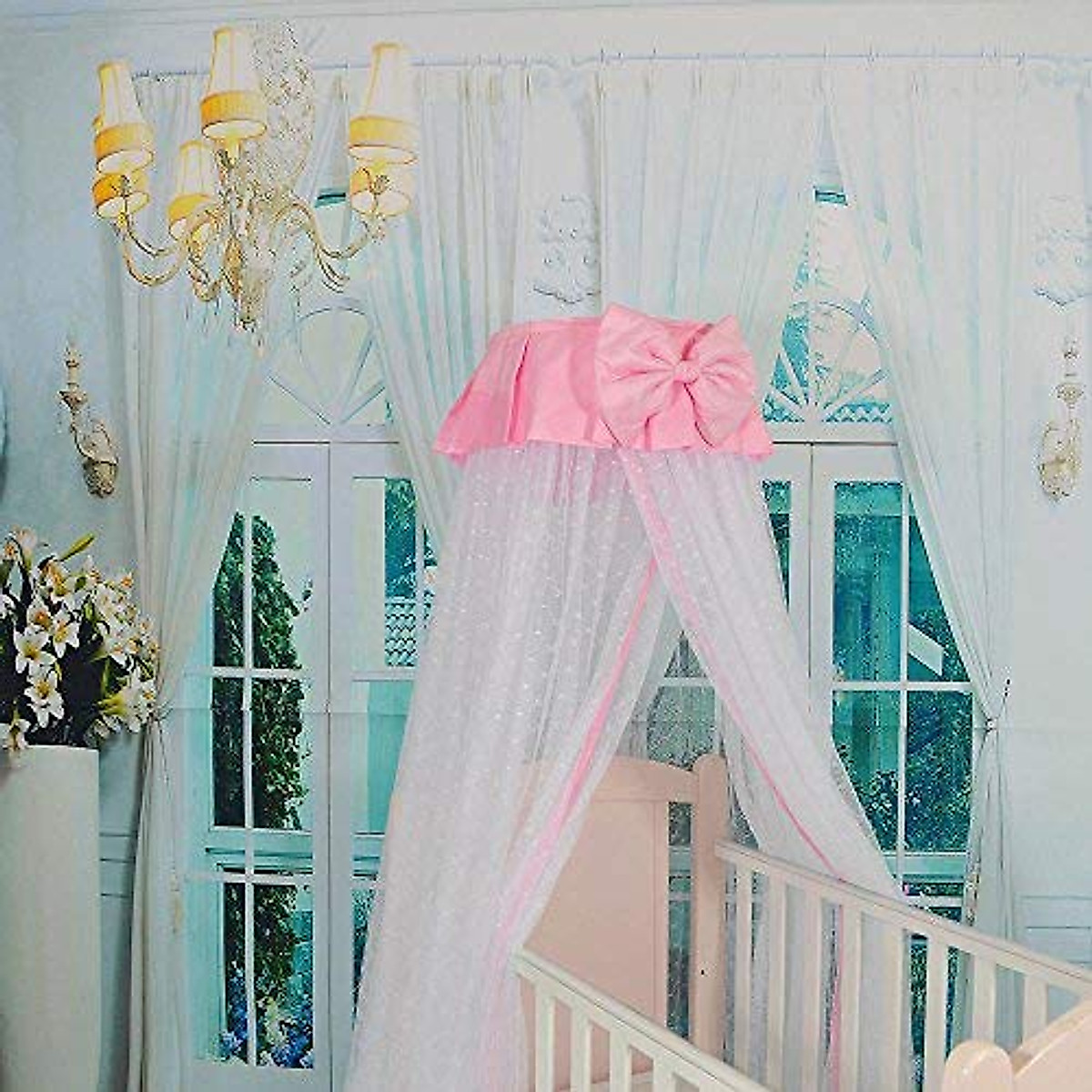 RuiHome Dome Style Hanging Baby Mosquito Net Princess Girls Bed Canopy with Pink Bowknot Decor, Netting with Bracket