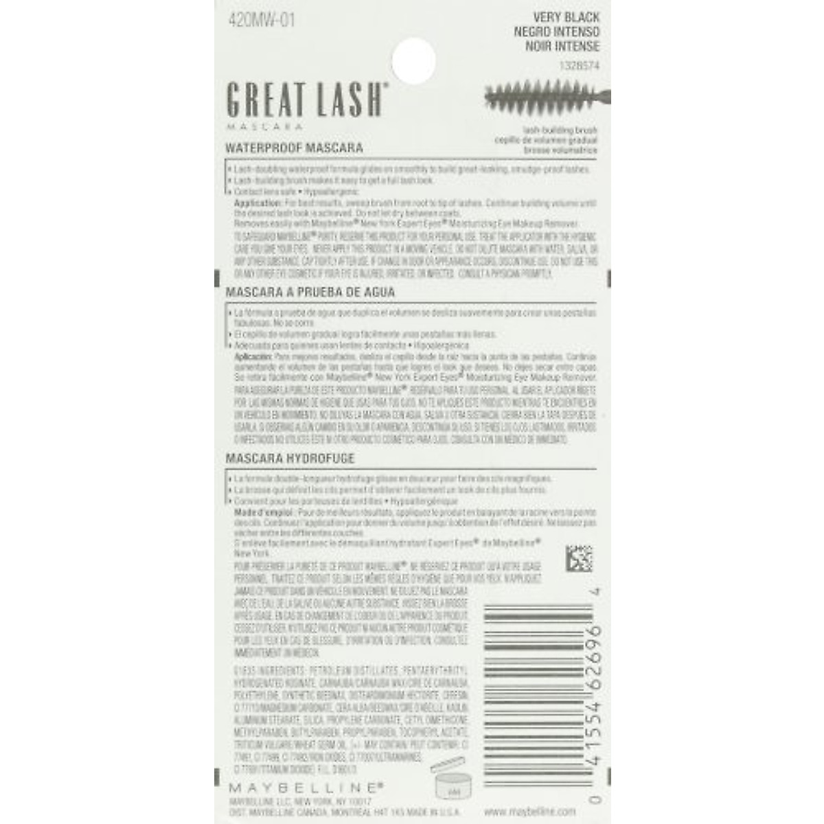 Maybelline Great Lash Waterproof Mascara, Very Black, 1 Tube