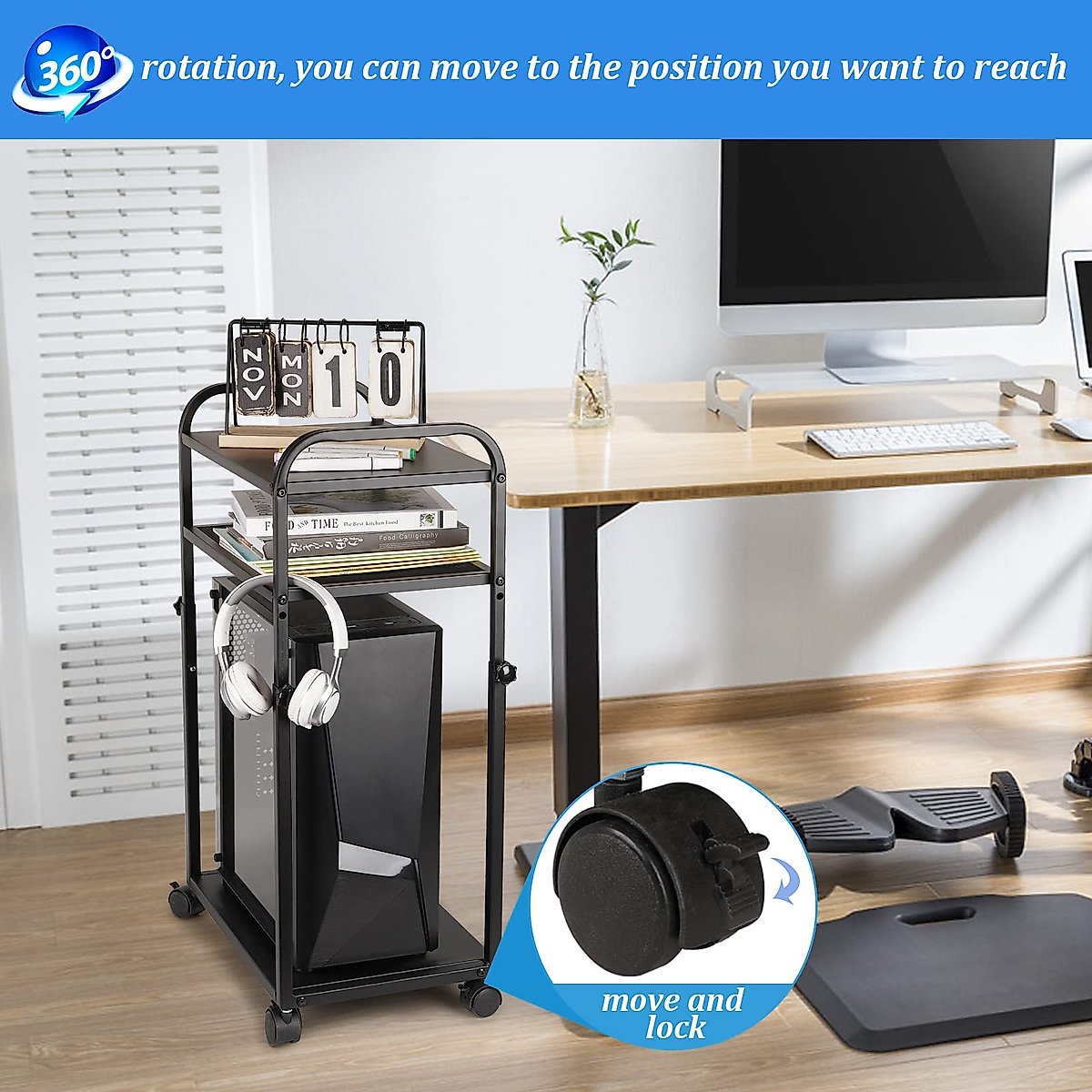Bfttlity PC Stand 3-Tier Computer Tower Stand Height Adjustable CPU Stand with Locking Caster Wheels for Office Home Fits Most PC