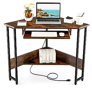 Tangkula Corner Desk with Keyboard Tray, 90-Degree Triangle Corner Computer Desk for Small Space, Industrial Writing Desk with Storage Shelf, Space-Saving Laptop PC Desk (Rustic Brown)