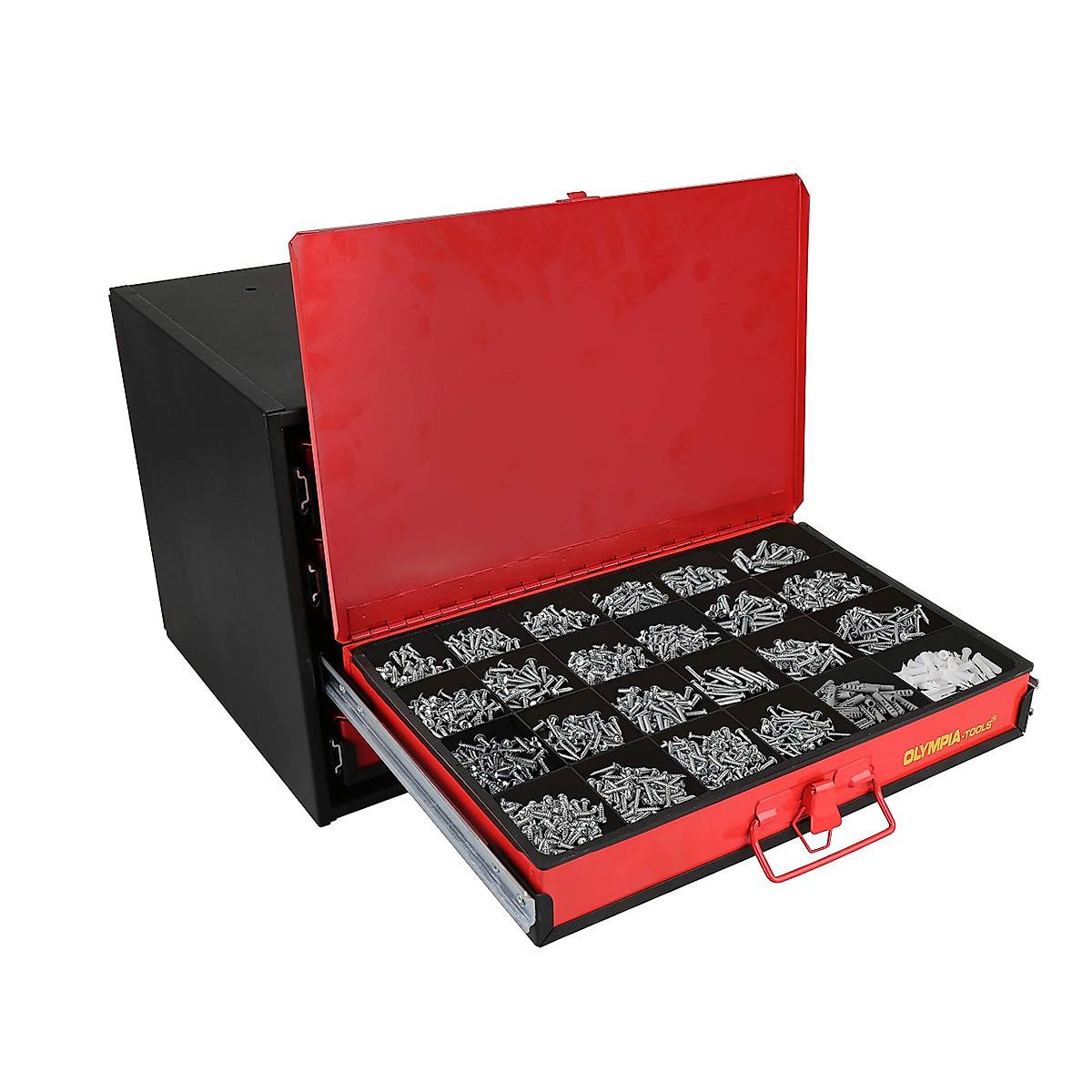 Olympia Tools 90-806 4-Drawer Hardware Organizer includes 2500-pieces Small Hardware, black/red