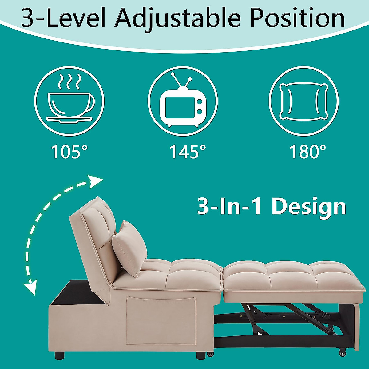 MWrouqfur 4 in 1 Sleeper Chair with Pullout Bed, Convertible Lazy Sleeper Sofa Chair with Storage Pockets & Adjustable Backrest, Comfortable Folding Ottoman Bed Sleeper for Living Room (Taupe)
