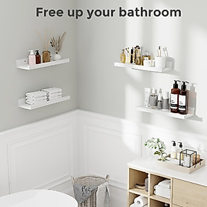 Fun Memories White Picture Ledge Shelves Set of 4, Wooden Kids Nursery Bookshelf 16 Inch, Floating Picture Shelves for Wall with Lip, Solid Wood Photo Ledge Shelves for Bedroom, Living Room, Office