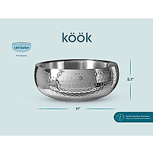 KooK Double-Walled Serving Bowl, Hammered Insulated Stainless Steel, For Hot and Cold Foods, Salads, Soups, Fruit, Large 1.05 Gal Capacity, Silver, 11 Inch