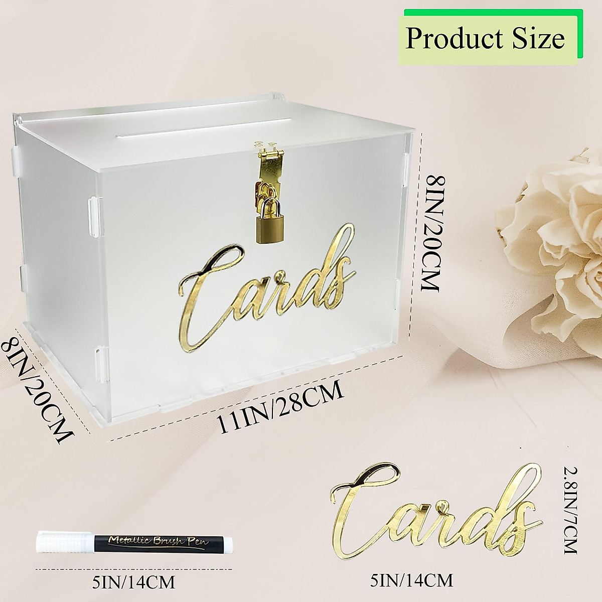 FCDECOR 11" Acrylic Wedding Card Box with Lock, Frosted Gift Card Box for Wedding Decorations for Reception, Honeymoon Fund Money Box for Bridal Shower Decorations Party Reception Anniversary