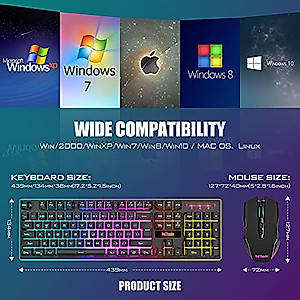 RedThunder K10 Wireless Gaming Keyboard and Mouse Combo, LED Backlit Rechargeable 3800mAh Battery, Mechanical Feel Anti-ghosting Keyboard + 7D 3200DPI Mice for PC Gamer (Black)