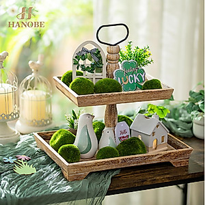 Hanobe Tiered Tray for Table Decor: 2 Tier Easter Serving Stand Farmhouse Decorative Tray for Coffee Bar Centerpiece Rectangle Wood Display Stands Kitchen Counter (Brown)