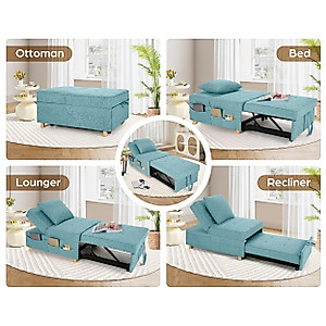 SEJOV Sleeper Sofa Chair Bed,4-in-1 Convertible Sofa Bed Chair with 6 Adjustable Backrest and Pillow, 3-Seat Pull Out Sleeper Chair Linen No Backrest for Bedroom Small Space Living Room, Sky Blue