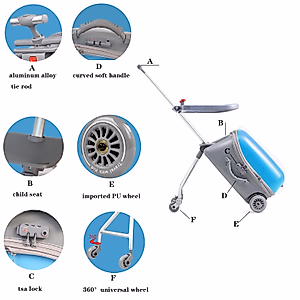 ELDA 20'' Kids Ride On Suitcase with Child Seat Design Large Carry On Hardside Rolling Luggage with Detachable Trolley, TSA Lock, Travel for Boys Girls