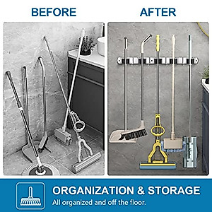 IMILLET 2 Pack Broom Holder Wall Mount, Broom Holder Stainless Steel 5 Racks with 4 Hooks Broom Organizer Wall Mount Self Adhesive Laundry Room Organization Heavy Duty Garage Organization Storage