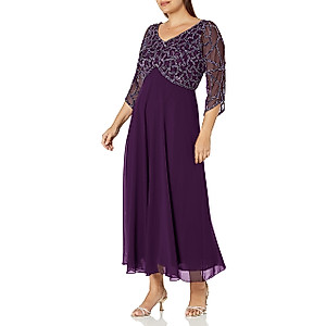J Kara Women's Plus Size 3/4 Sleeve Geo Beaded Gown, Plum/Mercury/Silver, 18W