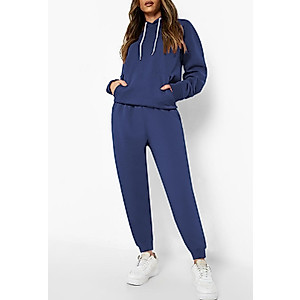 Fixmatti Hoodie Sweat Suit Women Clothing Long Sleeve Sweatpants Sport Jogger Set Navy Blue M