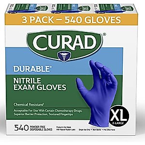 Curad Nitrile Exam Gloves, Durable, Powder Free, Chemical Resistant, X-Large, 540 Count