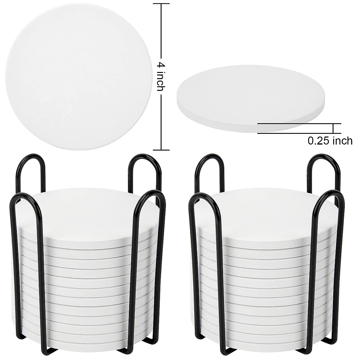 24 Pack Ceramic Tiles for Crafts with 2 Holders, White Unglazed Blank Ceramic Costers with Self-Adhesive Cork Backing Pads for Acrylic Pouring, Painting, Make Your Own DIY Coasters (Round)