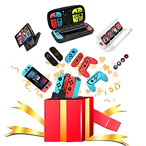 Switch Accessories Bundle for Nintendo Switch, Kit with Carrying Case, Screen Protector,Charging Dock,Compact Playstand,Protective Case,Game Case,Joystick Cap,Grip (16-in-1)