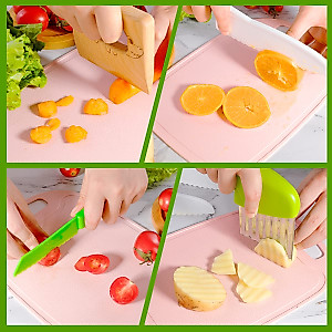 HANHAN 8 PCS Kids Knife Set, Include 4 Pcs Plastic Knives with Serrated Edges, Crinkle Cutter, Y Peeler, Crocodile Wood Knife & Durable Cutting Board for Fruit, Vegetable, Bread, Cake & more (#A)